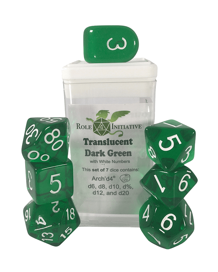 Set 7 dice w/ Arch'd4: Translucent Dark Green w/ White | FERRET GAMES SPA